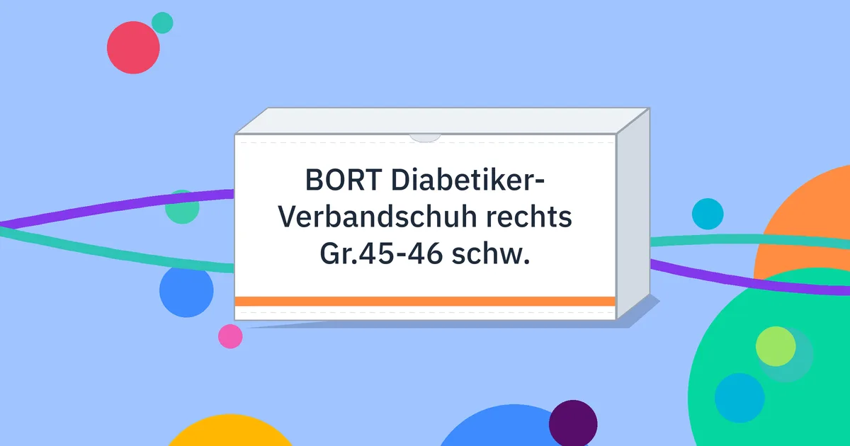 Symbolbild: Packung mit der Aufschrift BORT Diabetiker-Verbandschuh rechts Gr.45-46 schw. (PZN 11581359) – Verfügbarkeit und Bezug in Apotheken in Frankfurt am Main