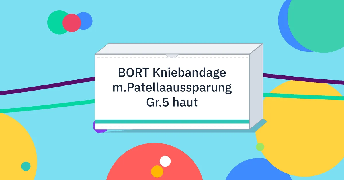 Symbolbild: Packung mit der Aufschrift BORT Kniebandage m.Patellaaussparung Gr.5 haut (PZN 16844763) – Verfügbarkeit und Bezug in Apotheken in Frankfurt am Main