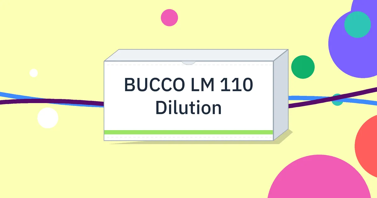 Symbolbild: Packung mit der Aufschrift BUCCO LM 110 Dilution (PZN 13398889) – Verfügbarkeit und Bezug in Apotheken in Frankfurt am Main