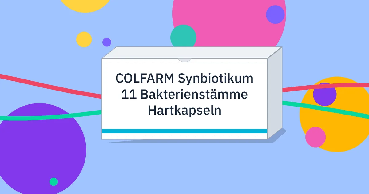 Symbolbild: Packung mit der Aufschrift COLFARM Synbiotikum 11 Bakterienstämme Hartkapseln (PZN 20934762) – Verfügbarkeit und Bezug in Apotheken in Frankfurt am Main