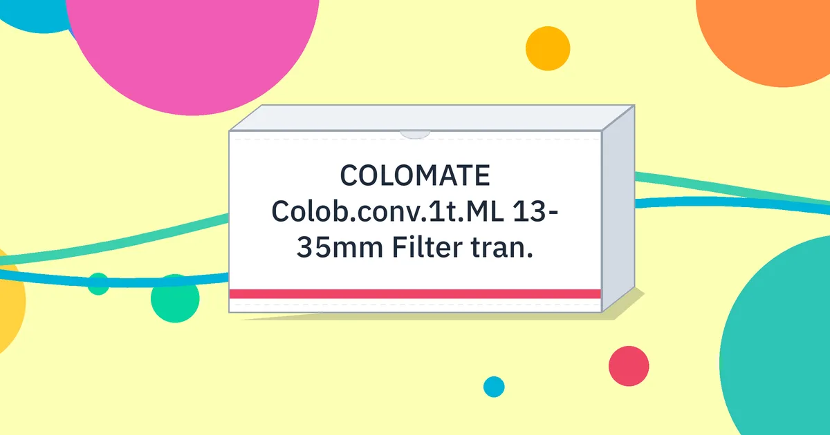 Symbolbild: Packung mit der Aufschrift COLOMATE Colob.conv.1t.ML 13-35mm Filter tran. (PZN 03373196) – Verfügbarkeit und Bezug in Apotheken in Frankfurt am Main