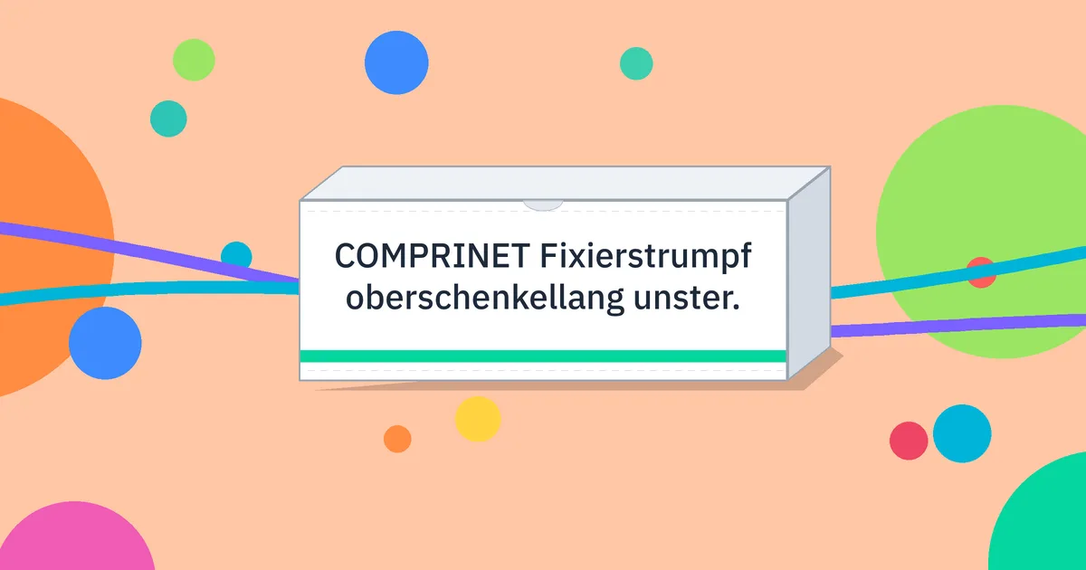 Symbolbild: Packung mit der Aufschrift COMPRINET Fixierstrumpf oberschenkellang unster. (PZN 01079268) – Verfügbarkeit und Bezug in Apotheken in Frankfurt am Main