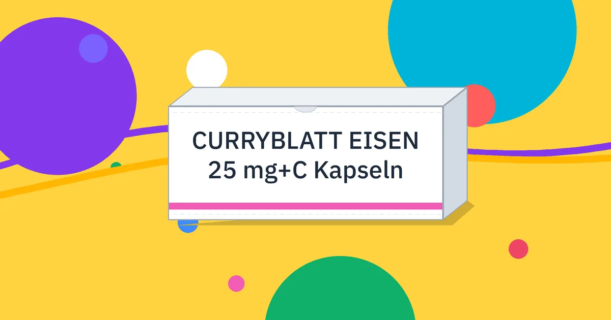 Symbolbild: Packung mit der Aufschrift CURRYBLATT EISEN 25 mg+C Kapseln (PZN 17885497) – Verfügbarkeit und Bezug in Apotheken in Frankfurt am Main