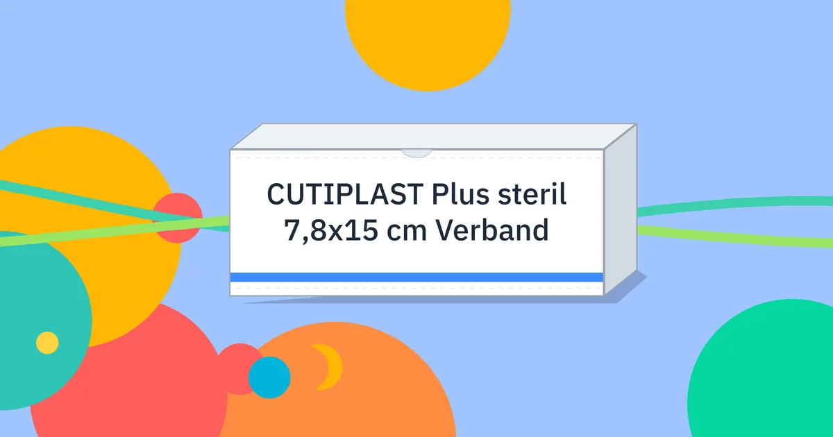 Symbolbild: Packung mit der Aufschrift CUTIPLAST Plus steril 7,8x15 cm Verband (PZN 10046138) – Verfügbarkeit und Bezug in Apotheken in Frankfurt am Main