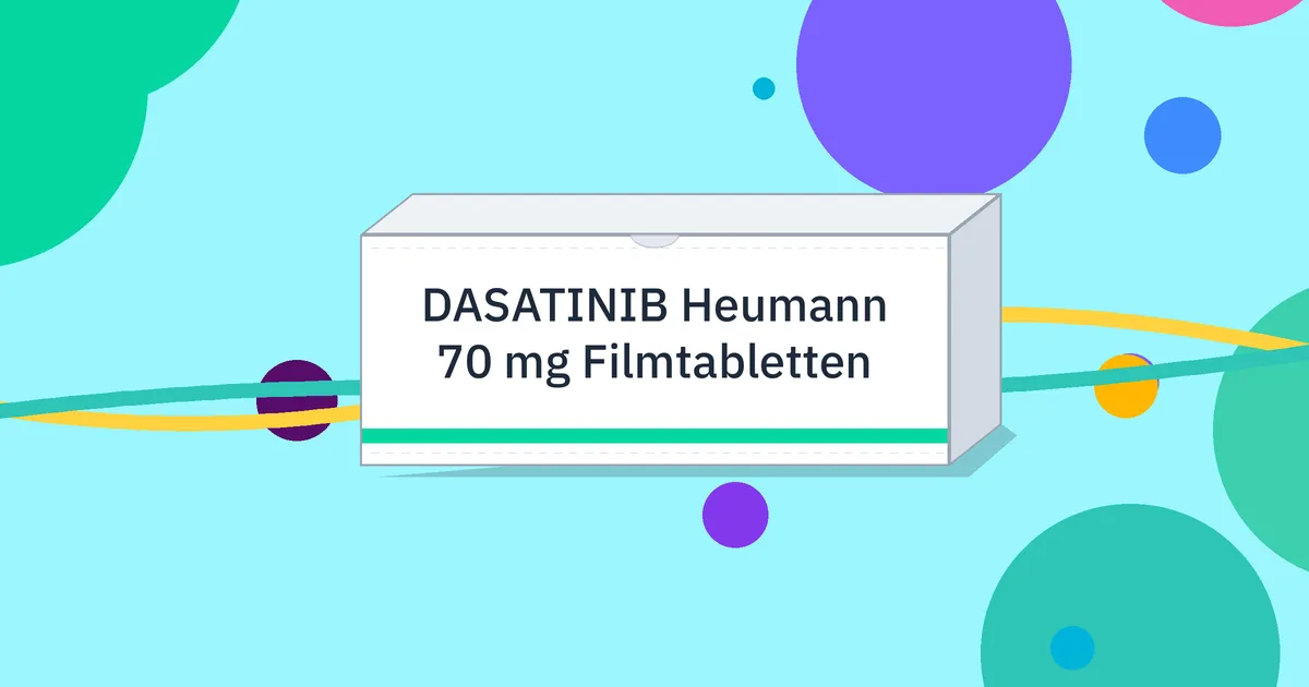Symbolbild: Packung mit der Aufschrift DASATINIB Heumann 70 mg Filmtabletten (PZN 18066904) – Verfügbarkeit und Bezug in Apotheken in Frankfurt am Main