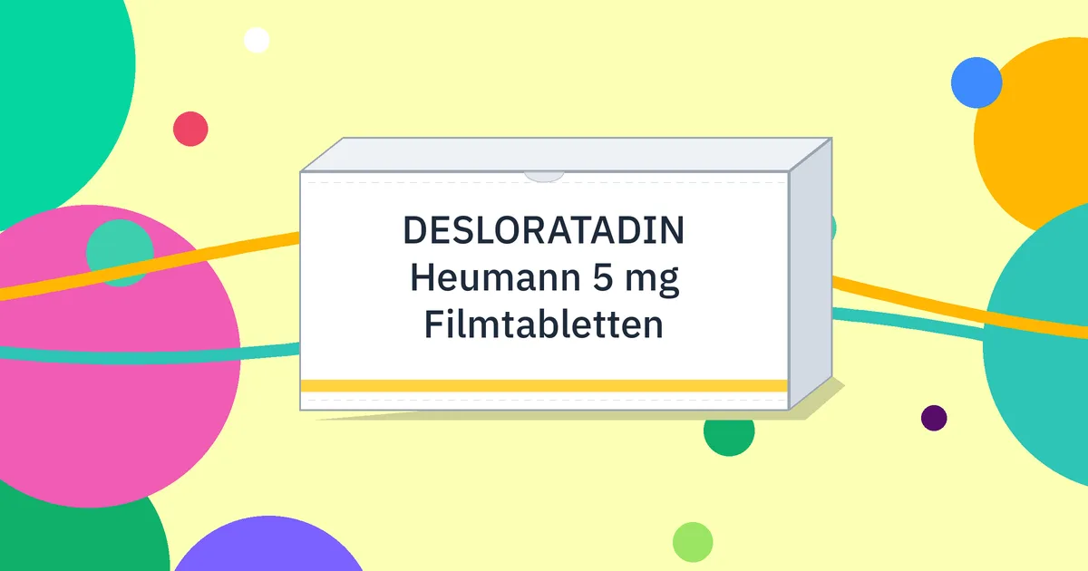 Symbolbild: Packung mit der Aufschrift DESLORATADIN Heumann 5 mg Filmtabletten (PZN 16908368) – Verfügbarkeit und Bezug in Apotheken in Frankfurt am Main