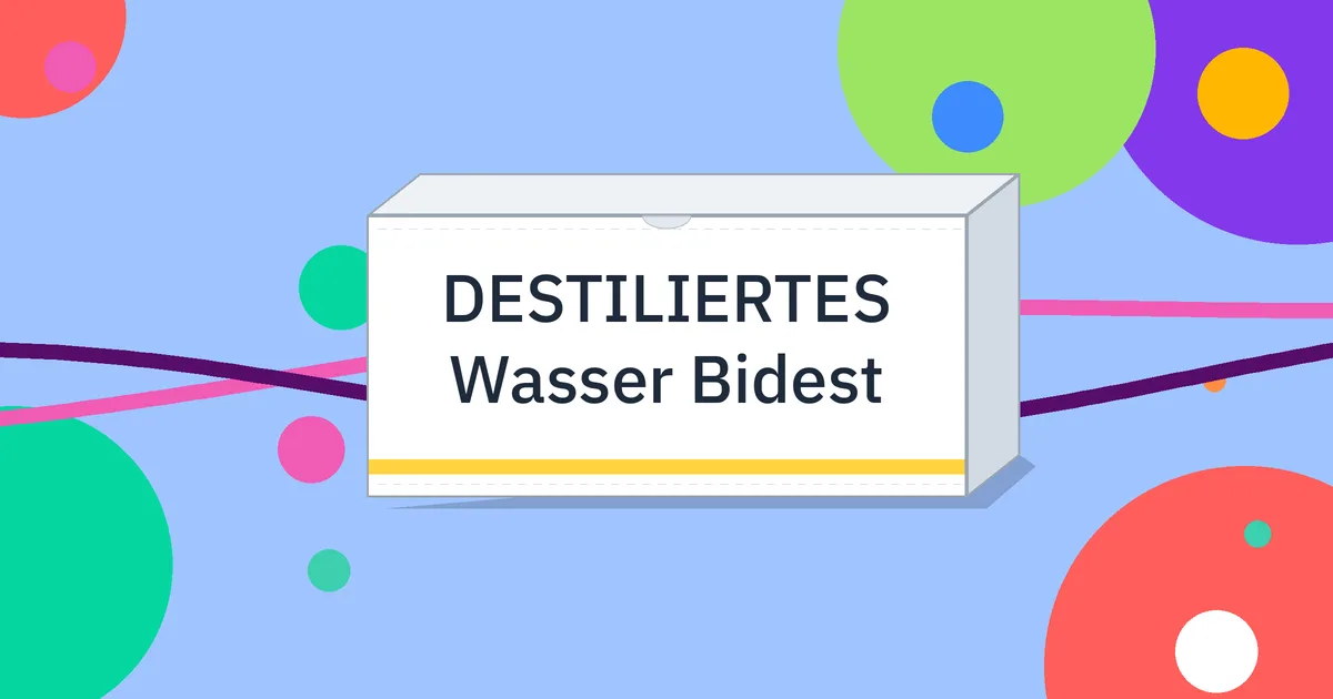 Symbolbild: Packung mit der Aufschrift DESTILIERTES Wasser Bidest (PZN 04980610) – Verfügbarkeit und Bezug in Apotheken in Frankfurt am Main