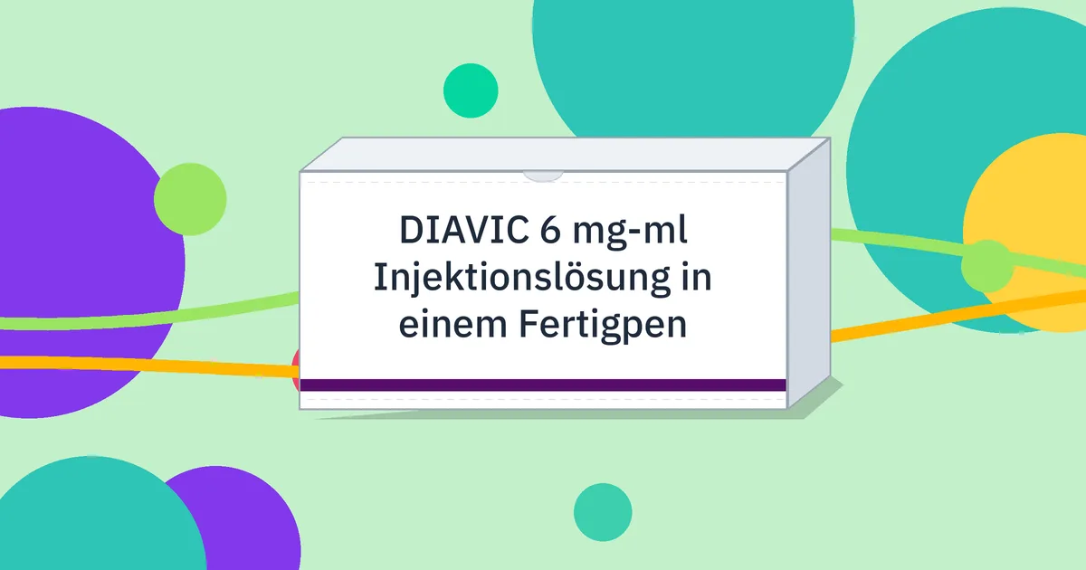 Symbolbild: Packung mit der Aufschrift DIAVIC 6 mg-ml Injektionslösung in einem Fertigpen (PZN 19392876) – Verfügbarkeit und Bezug in Apotheken in Frankfurt am Main