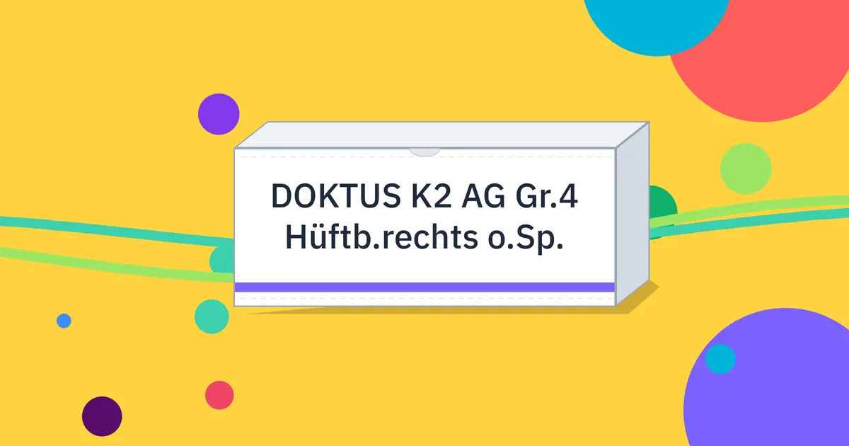 Symbolbild: Packung mit der Aufschrift DOKTUS K2 AG Gr.4 Hüftb.rechts o.Sp. (PZN 03311054) – Verfügbarkeit und Bezug in Apotheken in Frankfurt am Main