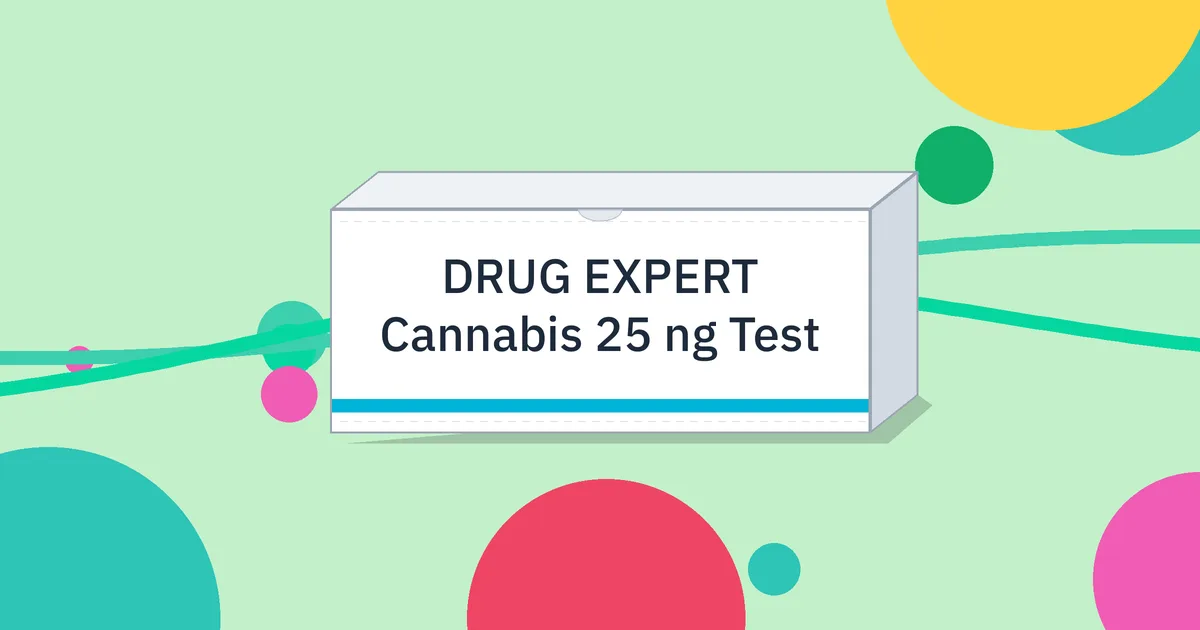 Symbolbild: Packung mit der Aufschrift DRUG EXPERT Cannabis 25 ng Test (PZN 15426578) – Verfügbarkeit und Bezug in Apotheken in Frankfurt am Main