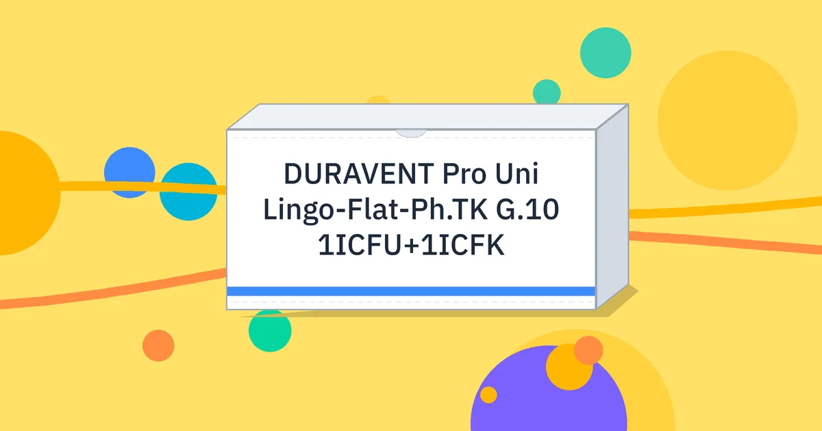 Symbolbild: Packung mit der Aufschrift DURAVENT Pro Uni Lingo-Flat-Ph.TK G.10 1ICFU+1ICFK (PZN 19273025) – Verfügbarkeit und Bezug in Apotheken in Frankfurt am Main