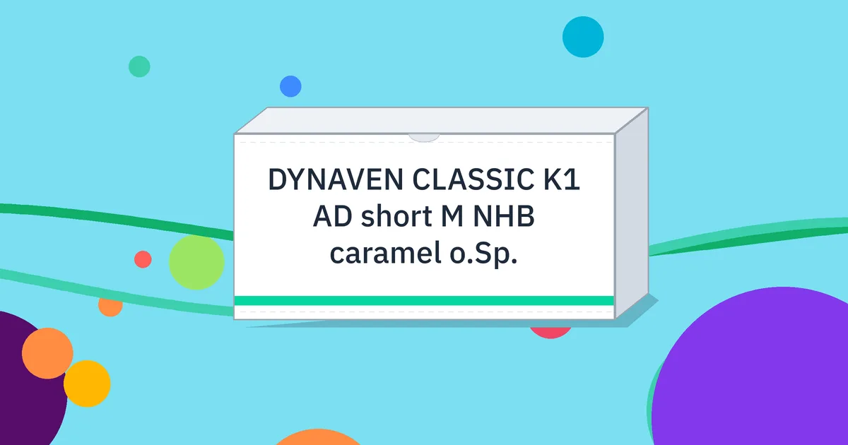 Symbolbild: Packung mit der Aufschrift DYNAVEN CLASSIC K1 AD short M NHB caramel o.Sp. (PZN 18414593) – Verfügbarkeit und Bezug in Apotheken in Frankfurt am Main
