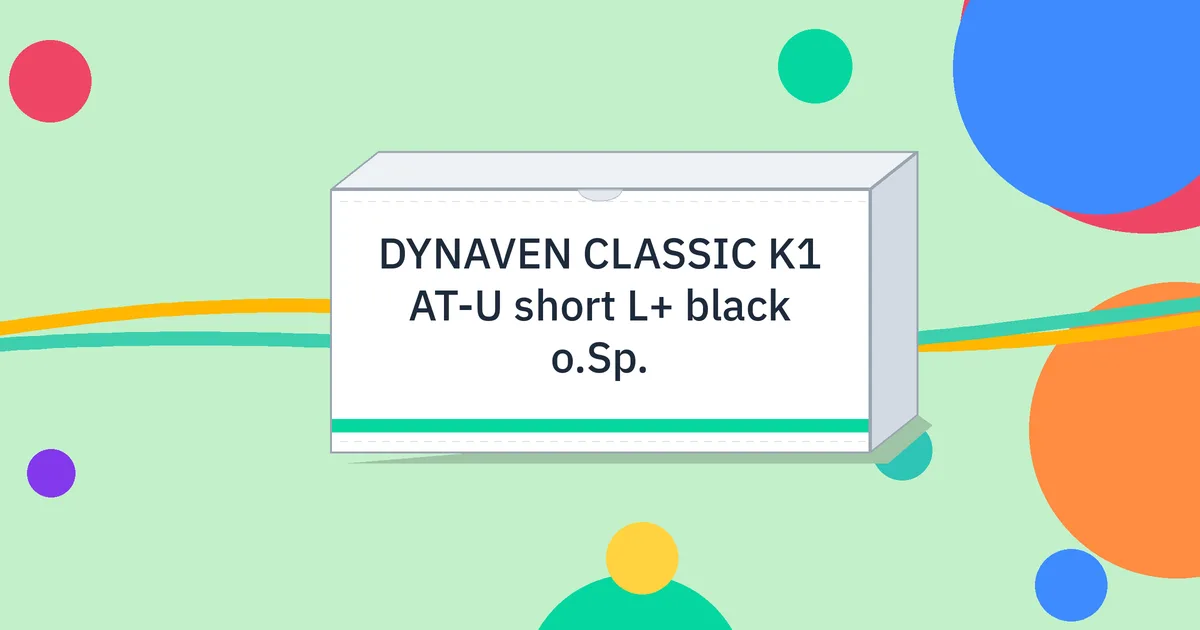 Symbolbild: Packung mit der Aufschrift DYNAVEN CLASSIC K1 AT-U short L+ black o.Sp. (PZN 18416623) – Verfügbarkeit und Bezug in Apotheken in Frankfurt am Main