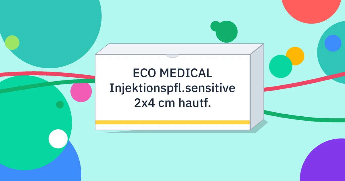Symbolbild: Packung mit der Aufschrift ECO MEDICAL Injektionspfl.sensitive 2x4 cm hautf. (PZN 13426597) – Verfügbarkeit und Bezug in Apotheken in Frankfurt am Main