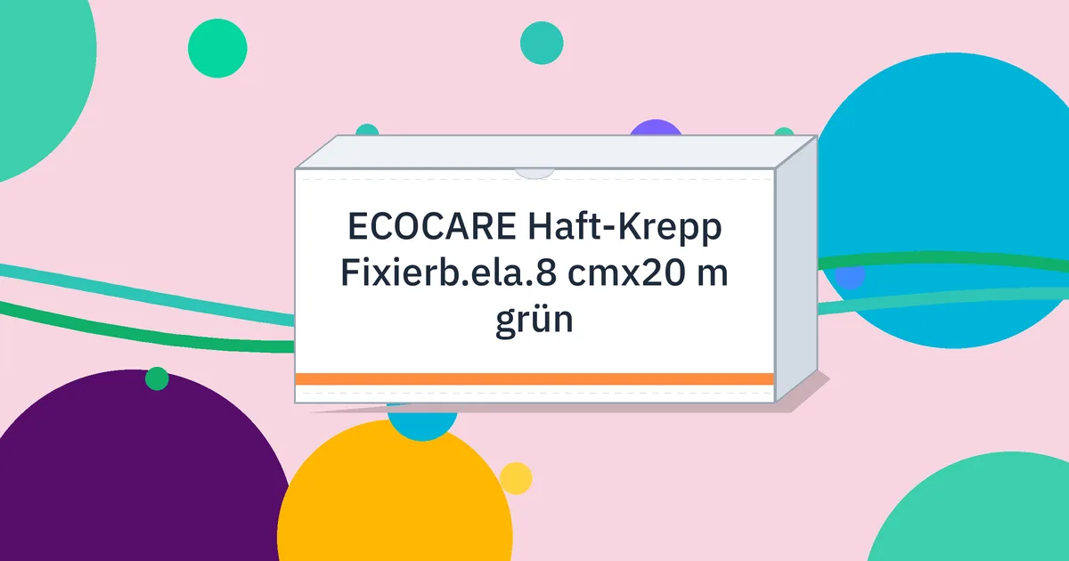Symbolbild: Packung mit der Aufschrift ECOCARE Haft-Krepp Fixierb.ela.8 cmx20 m grün (PZN 11518800) – Verfügbarkeit und Bezug in Apotheken in Frankfurt am Main