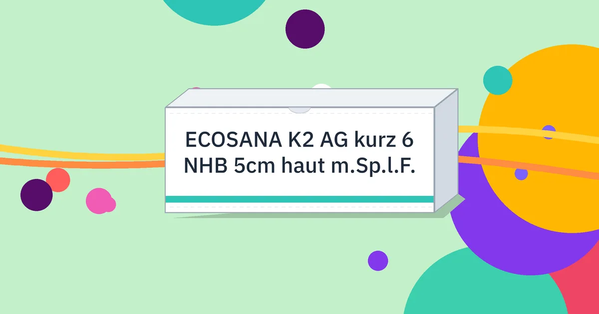 Symbolbild: Packung mit der Aufschrift ECOSANA K2 AG kurz 6 NHB 5cm haut m.Sp.l.F. (PZN 10955007) – Verfügbarkeit und Bezug in Apotheken in Frankfurt am Main