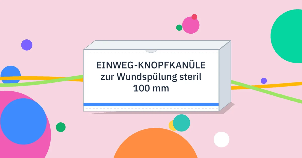 Symbolbild: Packung mit der Aufschrift EINWEG-KNOPFKANÜLE zur Wundspülung steril 100 mm (PZN 16956924) – Verfügbarkeit und Bezug in Apotheken in Frankfurt am Main