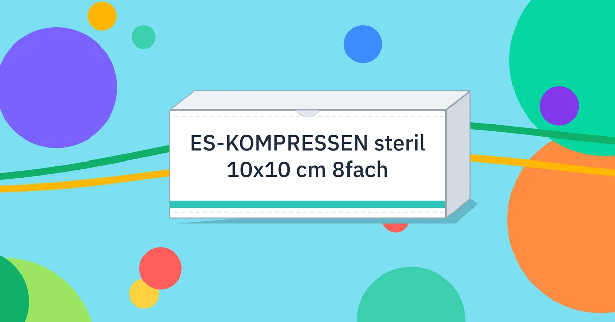 Symbolbild: Packung mit der Aufschrift ES-KOMPRESSEN steril 10x10 cm 8fach (PZN 00434135) – Verfügbarkeit und Bezug in Apotheken in Frankfurt am Main