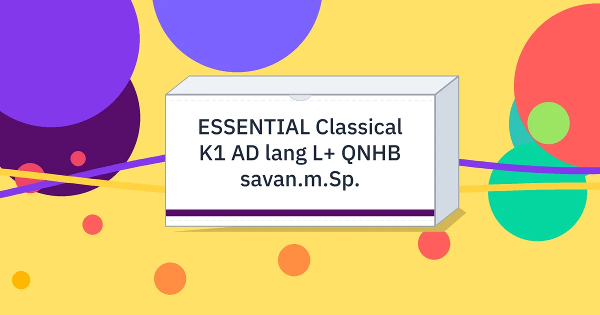 Symbolbild: Packung mit der Aufschrift ESSENTIAL Classical K1 AD lang L+ QNHB savan.m.Sp. (PZN 18867225) – Verfügbarkeit und Bezug in Apotheken in Frankfurt am Main