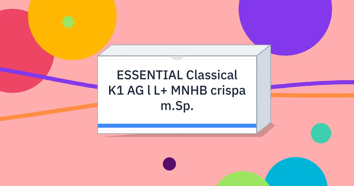 Symbolbild: Packung mit der Aufschrift ESSENTIAL Classical K1 AG l L+ MNHB crispa m.Sp. (PZN 19321008) – Verfügbarkeit und Bezug in Apotheken in Frankfurt am Main
