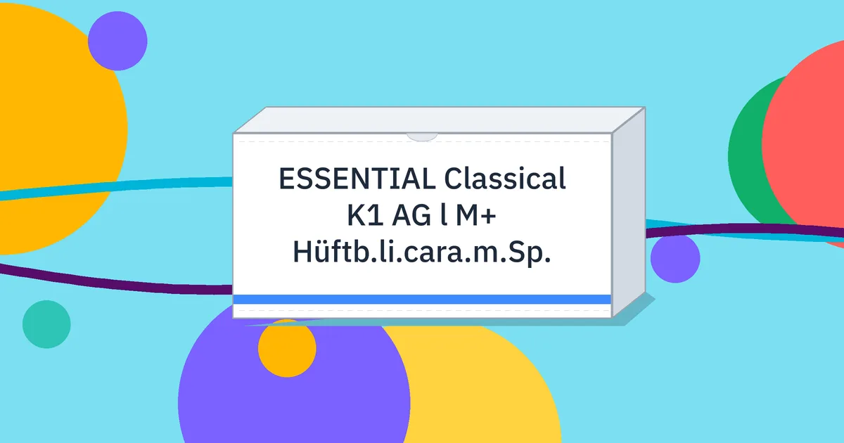 Symbolbild: Packung mit der Aufschrift ESSENTIAL Classical K1 AG l M+ Hüftb.li.cara.m.Sp. (PZN 17011611) – Verfügbarkeit und Bezug in Apotheken in Frankfurt am Main
