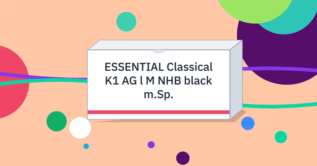 Symbolbild: Packung mit der Aufschrift ESSENTIAL Classical K1 AG l M NHB black m.Sp. (PZN 17002569) – Verfügbarkeit und Bezug in Apotheken in Frankfurt am Main