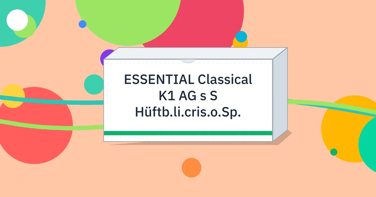 Symbolbild: Packung mit der Aufschrift ESSENTIAL Classical K1 AG s S Hüftb.li.cris.o.Sp. (PZN 17011924) – Verfügbarkeit und Bezug in Apotheken in Frankfurt am Main