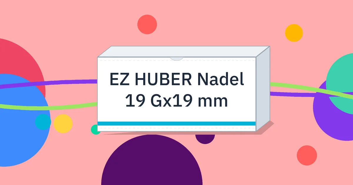 Symbolbild: Packung mit der Aufschrift EZ HUBER Nadel 19 Gx19 mm (PZN 05033458) – Verfügbarkeit und Bezug in Apotheken in Frankfurt am Main