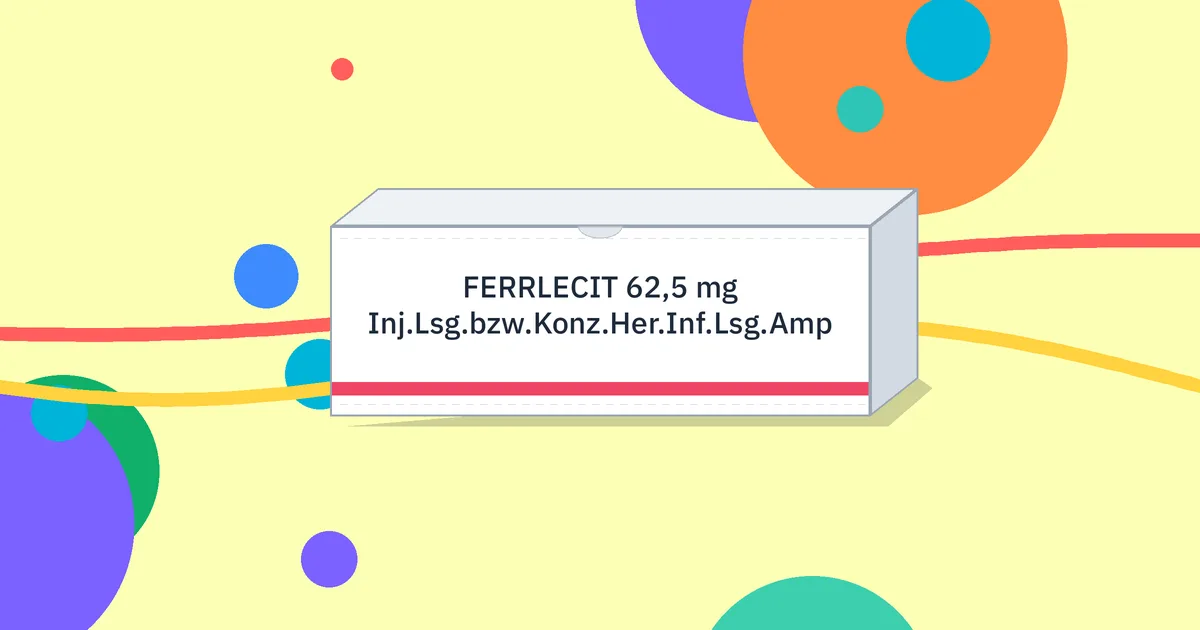 Symbolbild: Packung mit der Aufschrift FERRLECIT 62,5 mg Inj.Lsg.bzw.Konz.Her.Inf.Lsg.Amp (PZN 18405447) – Verfügbarkeit und Bezug in Apotheken in Frankfurt am Main