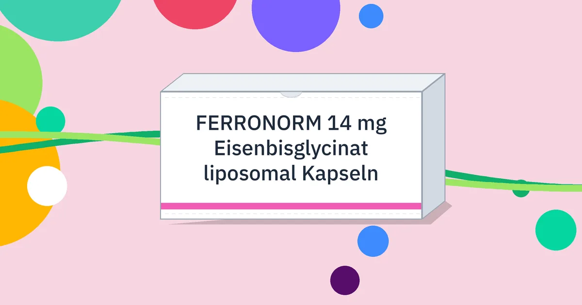 Symbolbild: Packung mit der Aufschrift FERRONORM 14 mg Eisenbisglycinat liposomal Kapseln (PZN 19130082) – Verfügbarkeit und Bezug in Apotheken in Frankfurt am Main