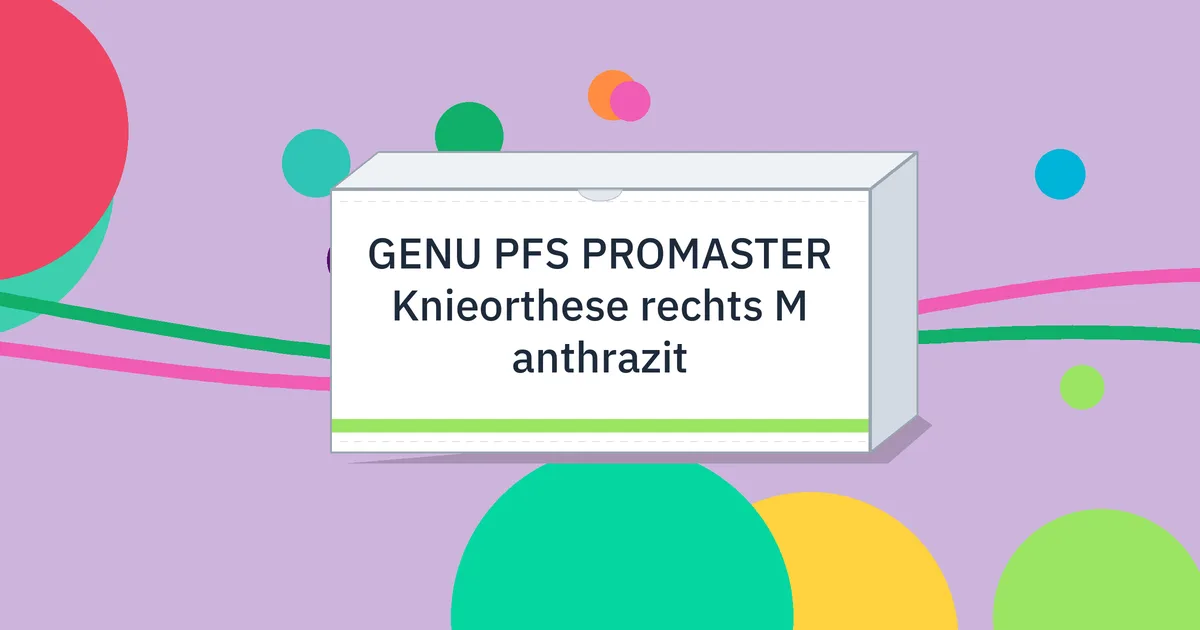 Symbolbild: Packung mit der Aufschrift GENU PFS PROMASTER Knieorthese rechts M anthrazit (PZN 12490788) – Verfügbarkeit und Bezug in Apotheken in Frankfurt am Main