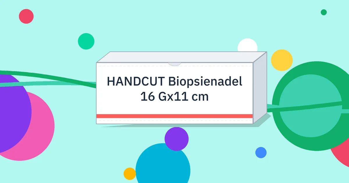 Symbolbild: Packung mit der Aufschrift HANDCUT Biopsienadel 16 Gx11 cm (PZN 16921618) – Verfügbarkeit und Bezug in Apotheken in Frankfurt am Main