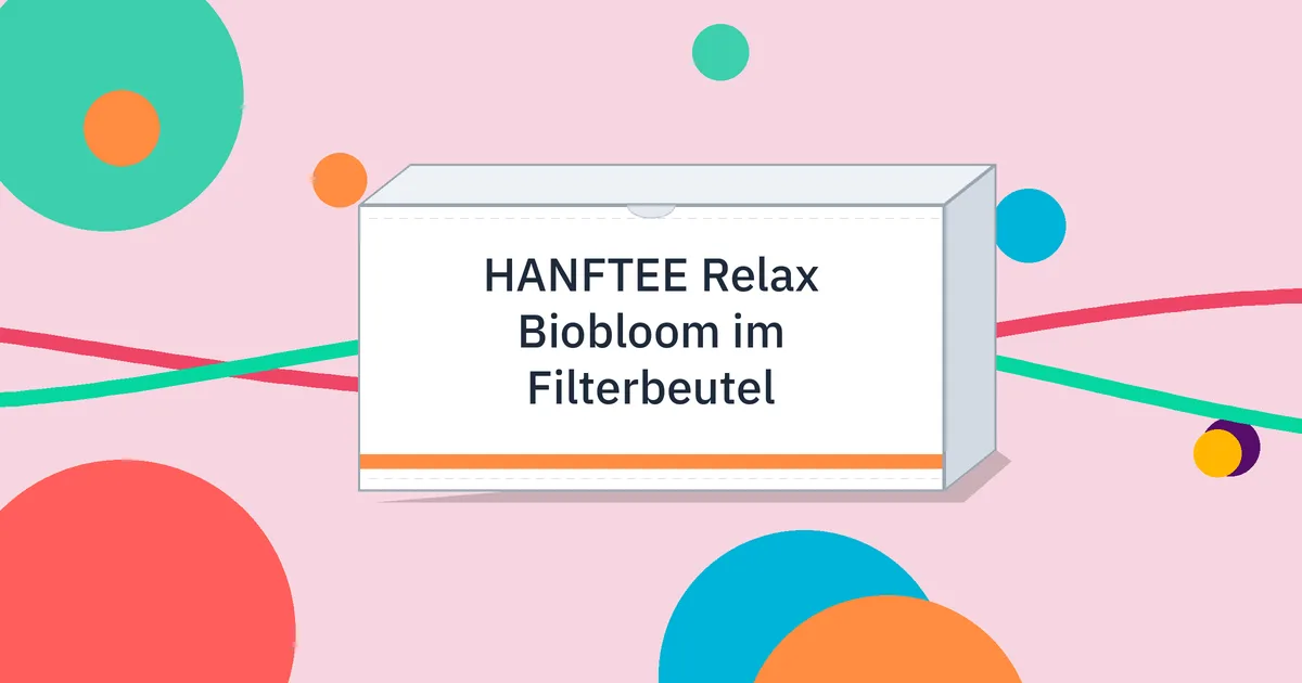 Symbolbild: Packung mit der Aufschrift HANFTEE Relax Biobloom im Filterbeutel (PZN 18296975) – Verfügbarkeit und Bezug in Apotheken in Frankfurt am Main