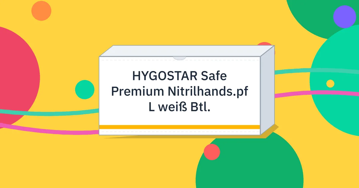 Symbolbild: Packung mit der Aufschrift HYGOSTAR Safe Premium Nitrilhands.pf L weiß Btl. (PZN 20775430) – Verfügbarkeit und Bezug in Apotheken in Frankfurt am Main