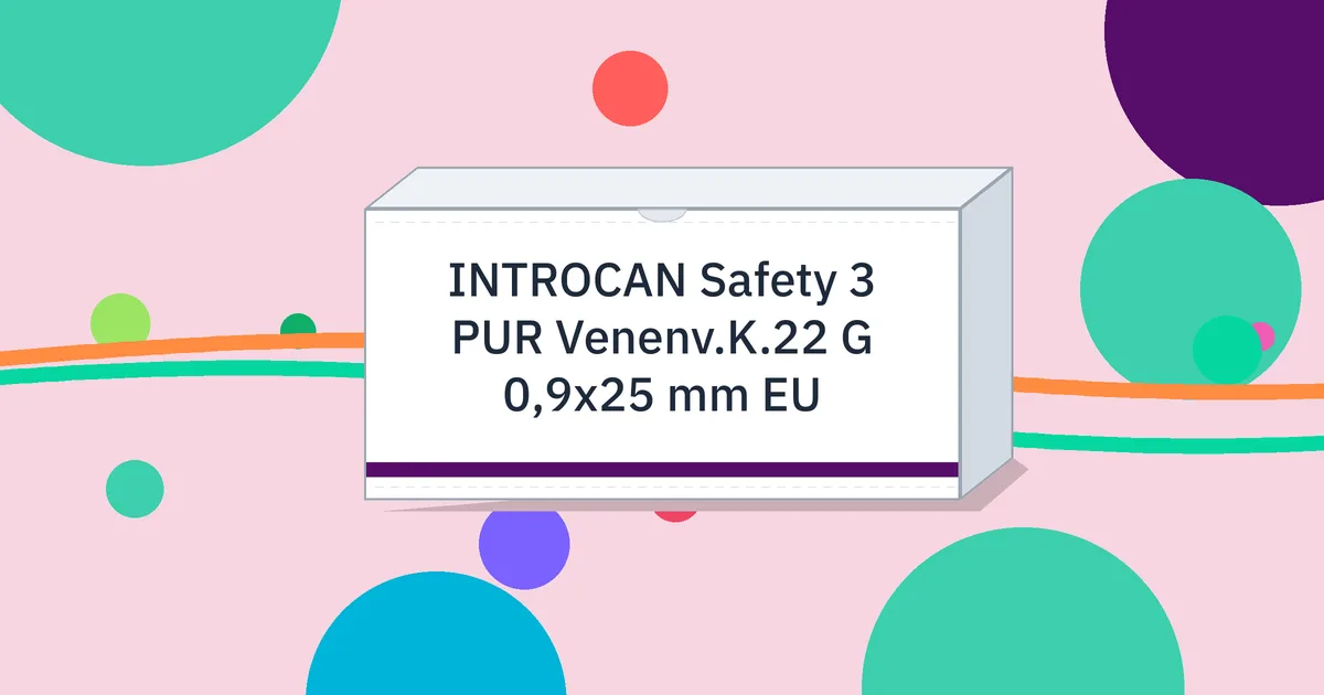Symbolbild: Packung mit der Aufschrift INTROCAN Safety 3 PUR Venenv.K.22 G 0,9x25 mm EU (PZN 20345184) – Verfügbarkeit und Bezug in Apotheken in Frankfurt am Main