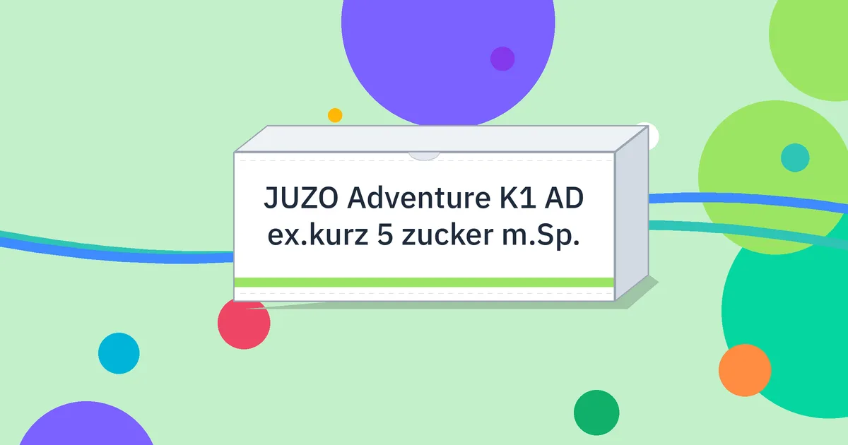 Symbolbild: Packung mit der Aufschrift JUZO Adventure K1 AD ex.kurz 5 zucker m.Sp. (PZN 16343593) – Verfügbarkeit und Bezug in Apotheken in Frankfurt am Main