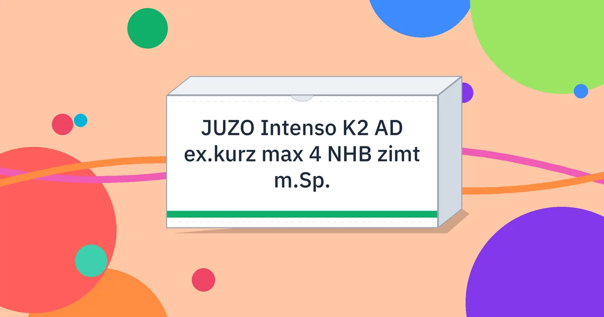 Symbolbild: Packung mit der Aufschrift JUZO Intenso K2 AD ex.kurz max 4 NHB zimt m.Sp. (PZN 18610294) – Verfügbarkeit und Bezug in Apotheken in Frankfurt am Main