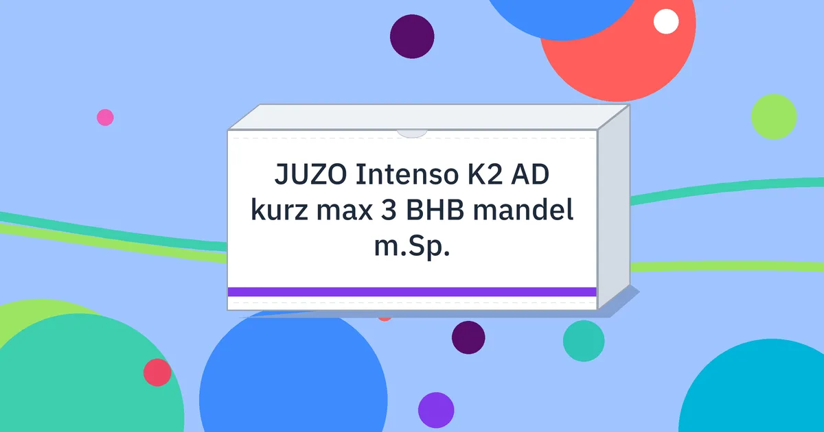 Symbolbild: Packung mit der Aufschrift JUZO Intenso K2 AD kurz max 3 BHB mandel m.Sp. (PZN 18615819) – Verfügbarkeit und Bezug in Apotheken in Frankfurt am Main