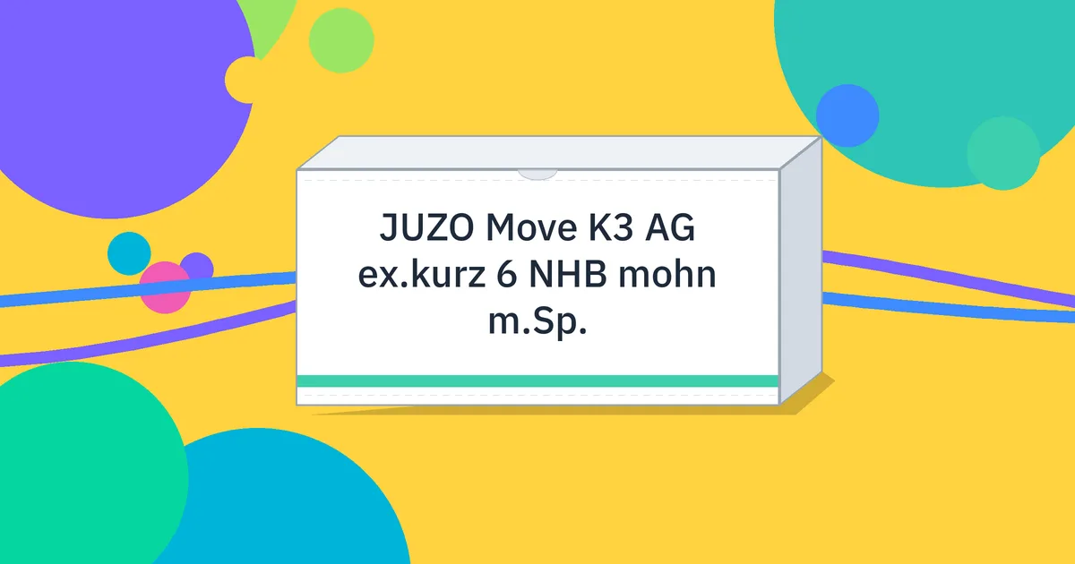 Symbolbild: Packung mit der Aufschrift JUZO Move K3 AG ex.kurz 6 NHB mohn m.Sp. (PZN 18595057) – Verfügbarkeit und Bezug in Apotheken in Frankfurt am Main