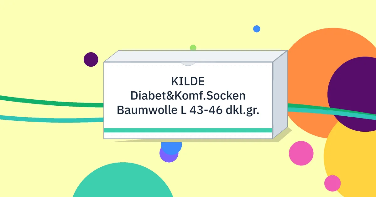 Symbolbild: Packung mit der Aufschrift KILDE Diabet&Komf.Socken Baumwolle L 43-46 dkl.gr. (PZN 20798135) – Verfügbarkeit und Bezug in Apotheken in Frankfurt am Main