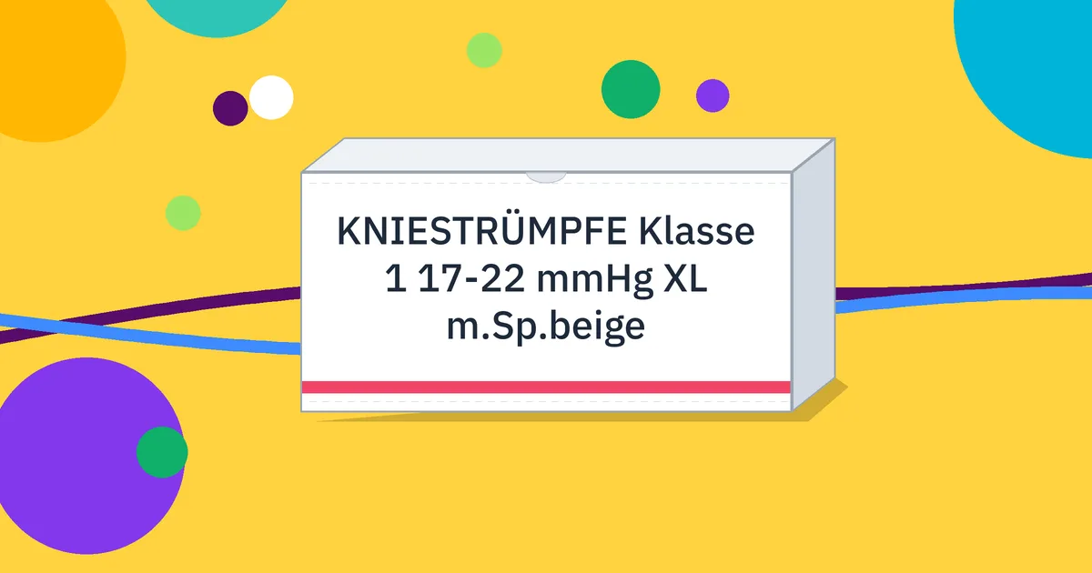 Symbolbild: Packung mit der Aufschrift KNIESTRÜMPFE Klasse 1 17-22 mmHg XL m.Sp.beige (PZN 19072290) – Verfügbarkeit und Bezug in Apotheken in Frankfurt am Main