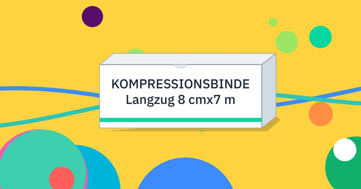 Symbolbild: Packung mit der Aufschrift KOMPRESSIONSBINDE Langzug 8 cmx7 m (PZN 07550956) – Verfügbarkeit und Bezug in Apotheken in Frankfurt am Main