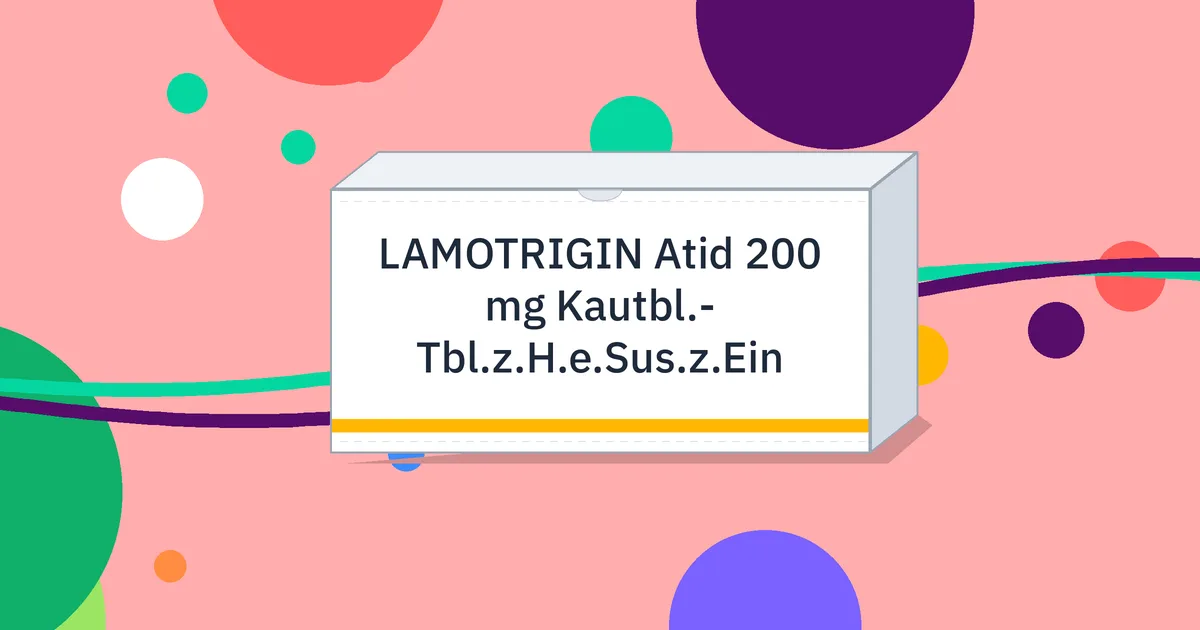 Symbolbild: Packung mit der Aufschrift LAMOTRIGIN Atid 200 mg Kautbl.-Tbl.z.H.e.Sus.z.Ein (PZN 04306523) – Verfügbarkeit und Bezug in Apotheken in Frankfurt am Main