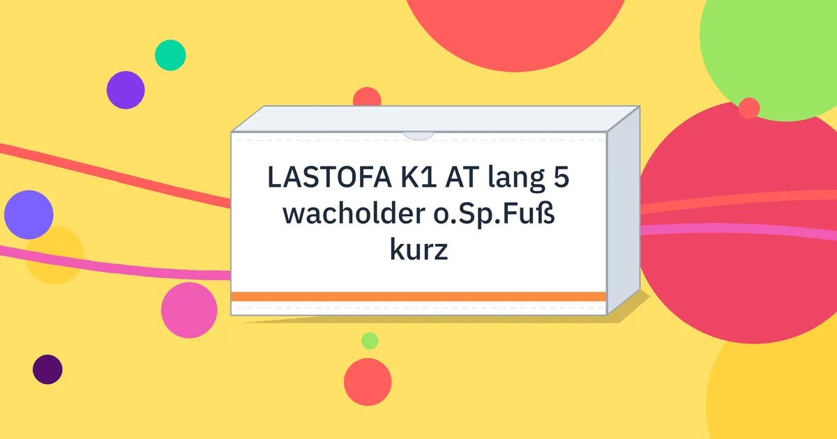 Symbolbild: Packung mit der Aufschrift LASTOFA K1 AT lang 5 wacholder o.Sp.Fuß kurz (PZN 13796621) – Verfügbarkeit und Bezug in Apotheken in Frankfurt am Main