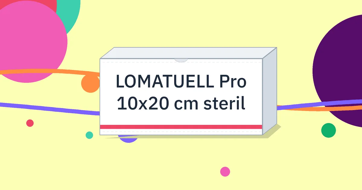 Symbolbild: Packung mit der Aufschrift LOMATUELL Pro 10x20 cm steril (PZN 17842192) – Verfügbarkeit und Bezug in Apotheken in Frankfurt am Main
