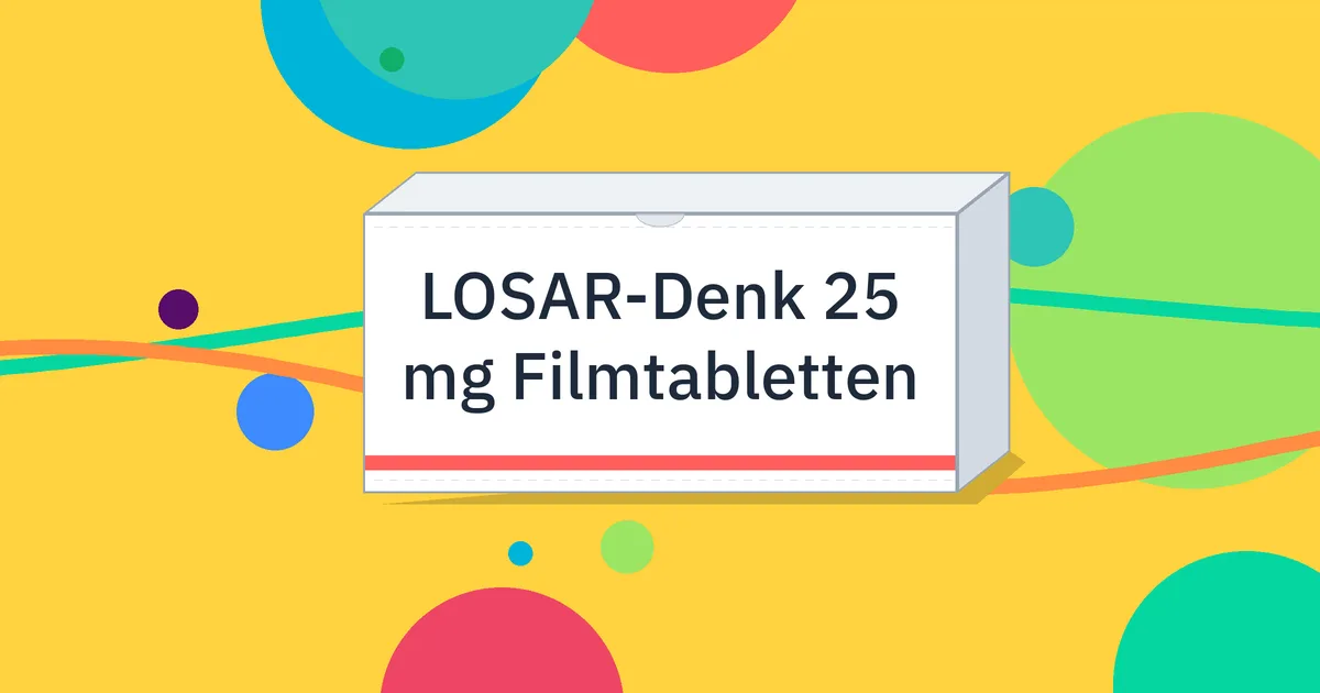 Symbolbild: Packung mit der Aufschrift LOSAR-Denk 25 mg Filmtabletten (PZN 12443174) – Verfügbarkeit und Bezug in Apotheken in Frankfurt am Main