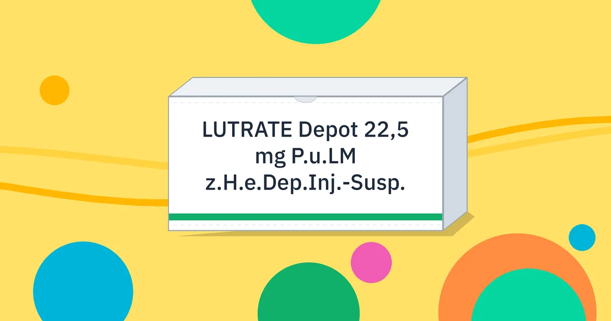 Symbolbild: Packung mit der Aufschrift LUTRATE Depot 22,5 mg P.u.LM z.H.e.Dep.Inj.-Susp. (PZN 11172046) – Verfügbarkeit und Bezug in Apotheken in Frankfurt am Main