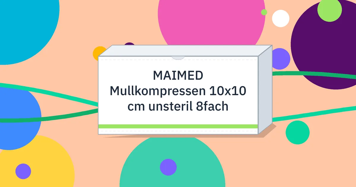 Symbolbild: Packung mit der Aufschrift MAIMED Mullkompressen 10x10 cm unsteril 8fach (PZN 02299724) – Verfügbarkeit und Bezug in Apotheken in Frankfurt am Main