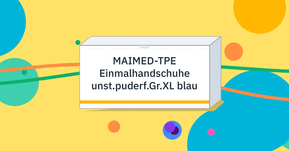 Symbolbild: Packung mit der Aufschrift MAIMED-TPE Einmalhandschuhe unst.puderf.Gr.XL blau (PZN 19725935) – Verfügbarkeit und Bezug in Apotheken in Frankfurt am Main