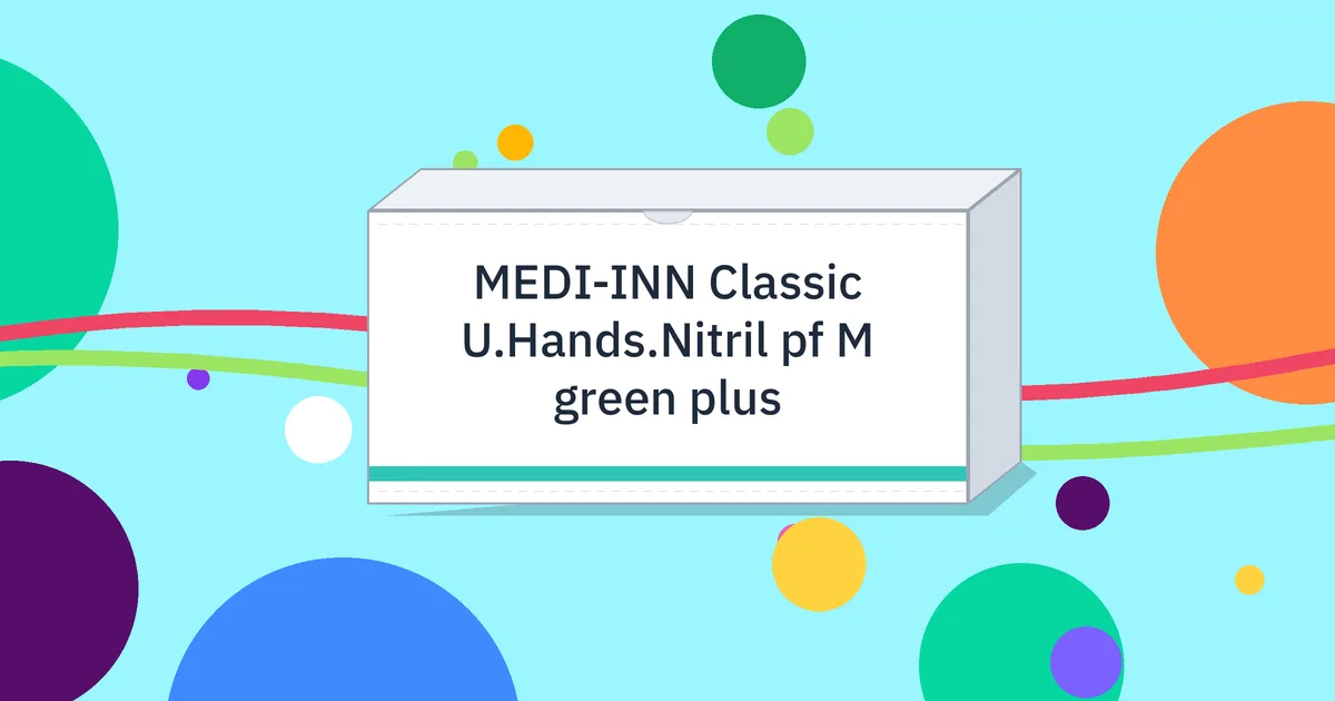 Symbolbild: Packung mit der Aufschrift MEDI-INN Classic U.Hands.Nitril pf M green plus (PZN 18445369) – Verfügbarkeit und Bezug in Apotheken in Frankfurt am Main